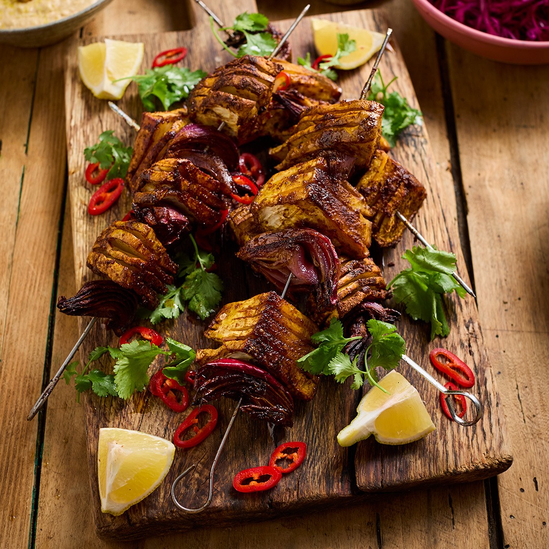 Gnarly Celeriac Skewers with Flatbreads & Peanut Hummus | Tastemade