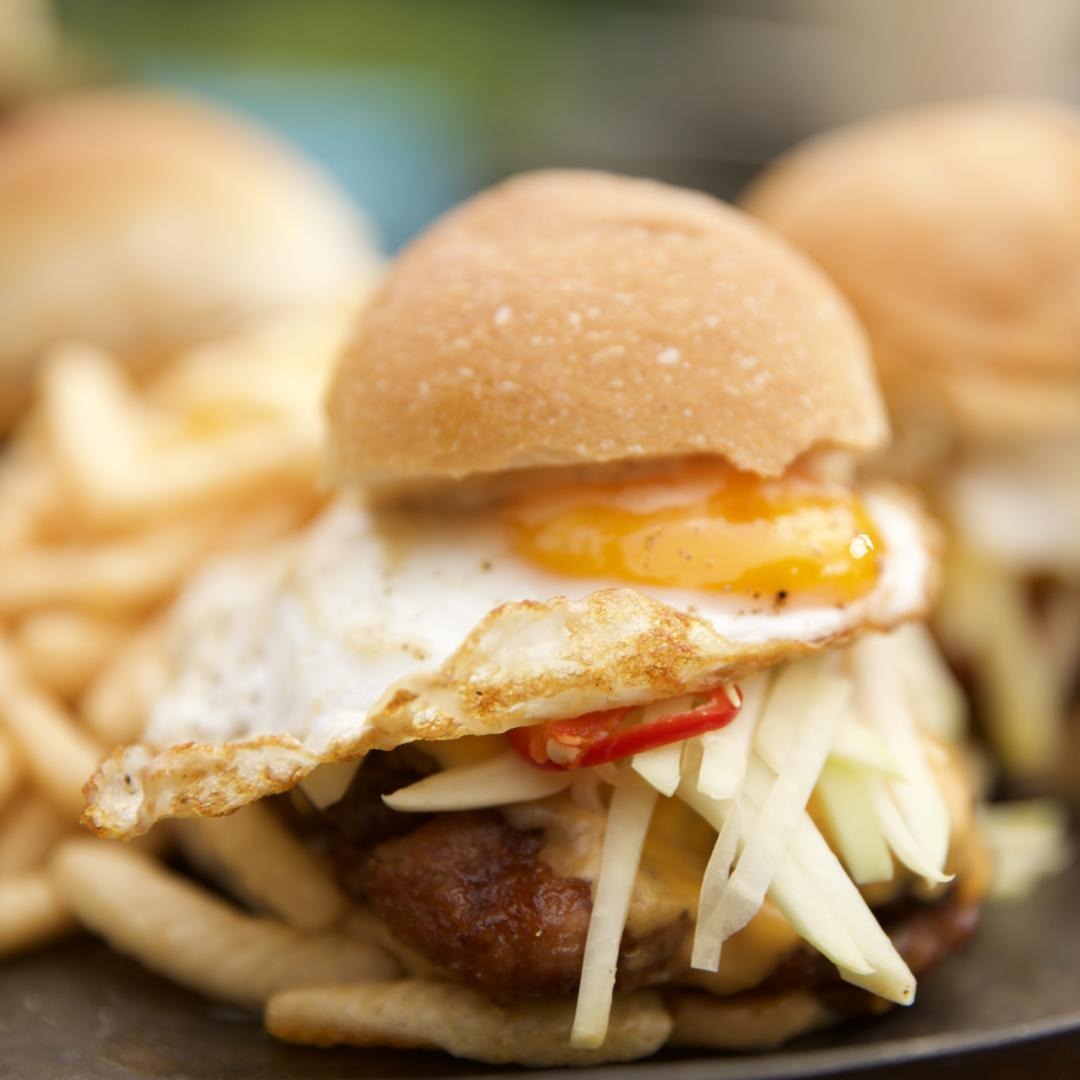 Chori Pan Burger with Pickled Papaya Slaw, Maggi Mayo and Fried Egg ...