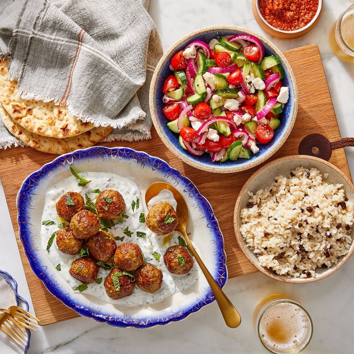 Greek-Style Lamb Meatball Platter with Pitas, Rice & Cucumber-Feta ...