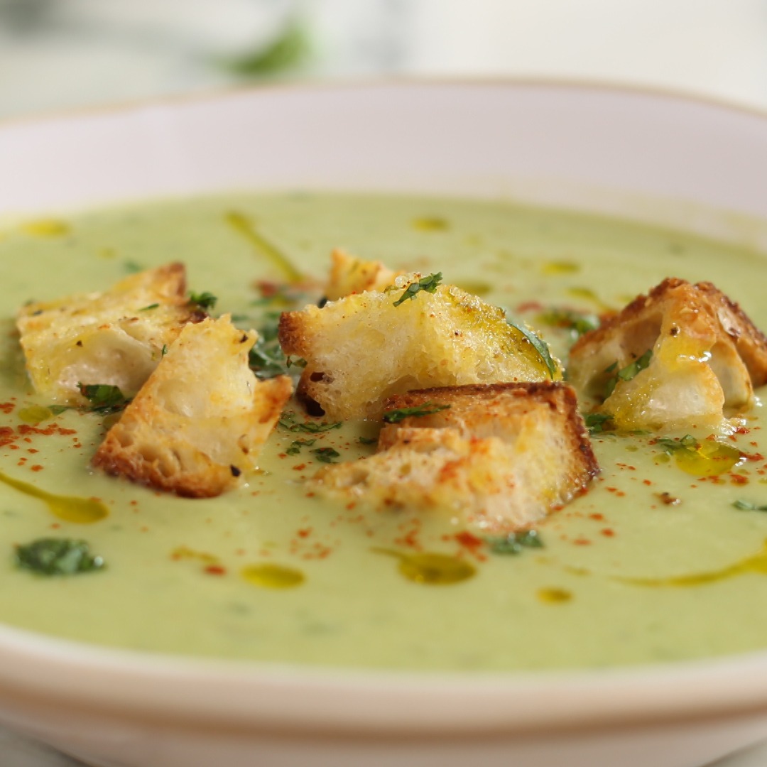 Chilled Avocado Soup with Garlic Lime Croutons | Tastemade