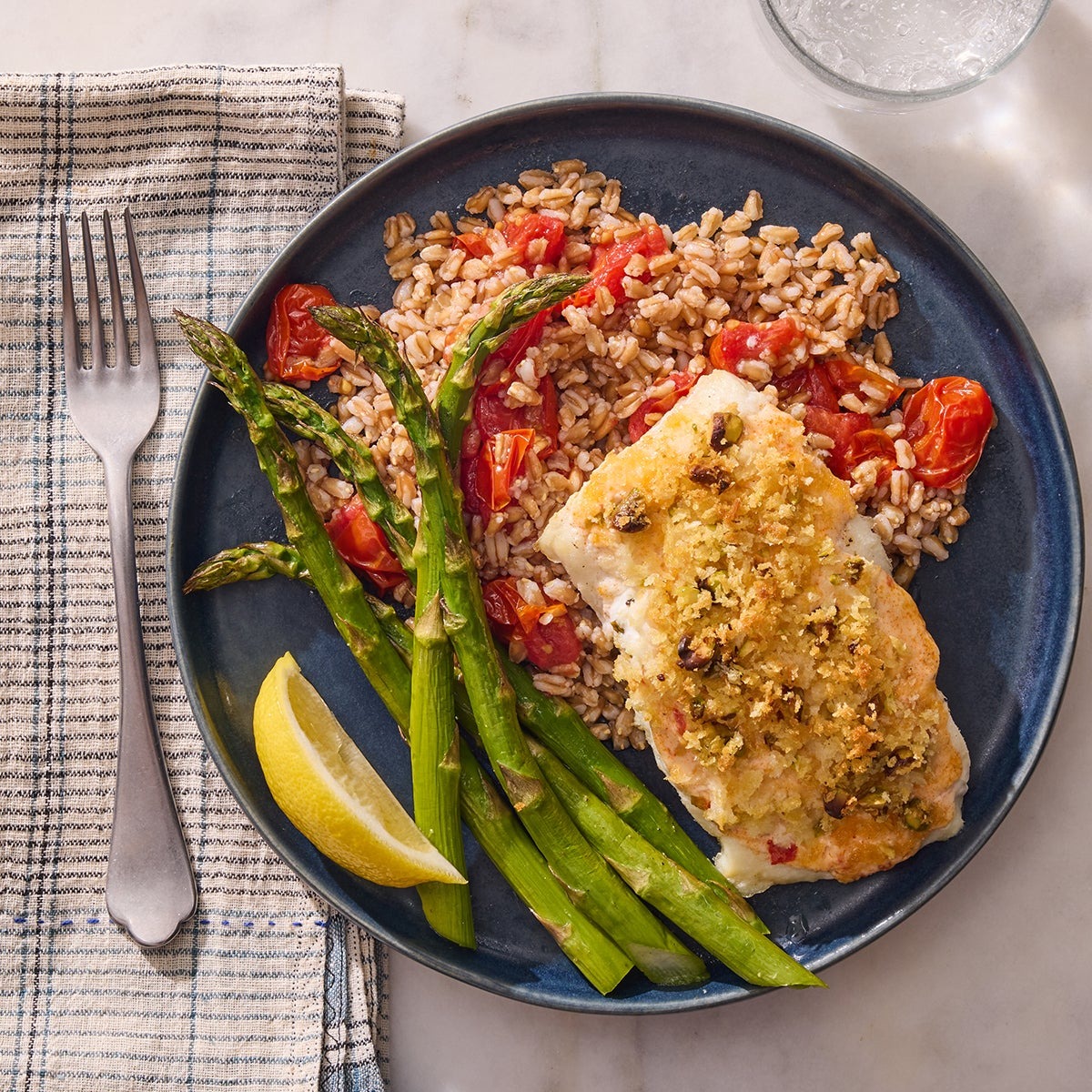 Spicy Panko & Pistachio-Crusted Cod with Roasted Tomato Farro ...