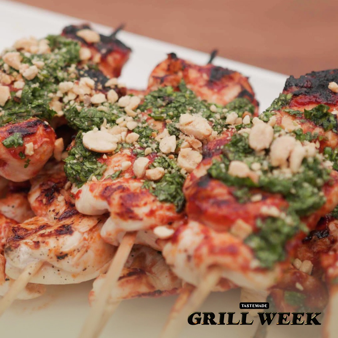 Chicken Satay with Red Curry Barbecue Sauce and Thai Basil Salsa Verde ...