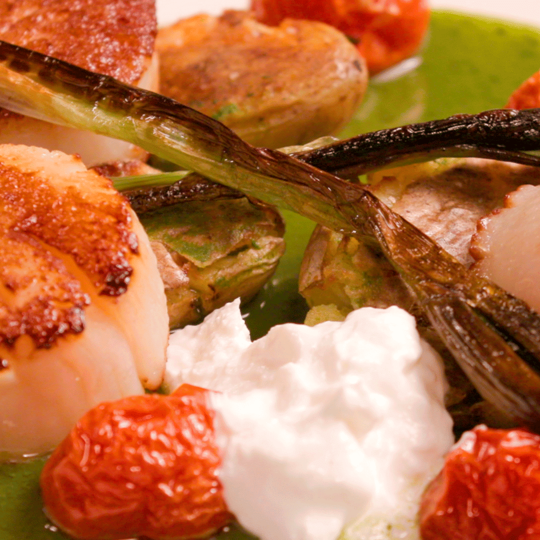 Seared Scallops with Smashed Crispy Fingerlings, Roasted Tomatoes ...