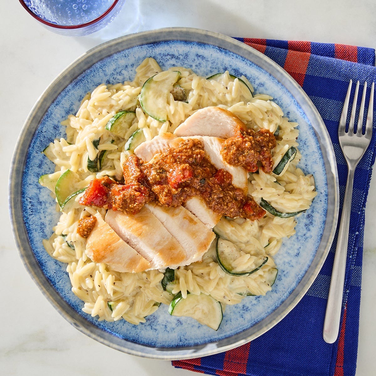 Chicken & Red Pepper Romesco with Creamy Parmesan Orzo & Zucchini ...