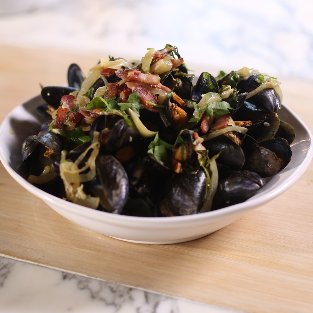 Mussels in Cider with Bacon and a Mustard Cream Sauce | Tastemade