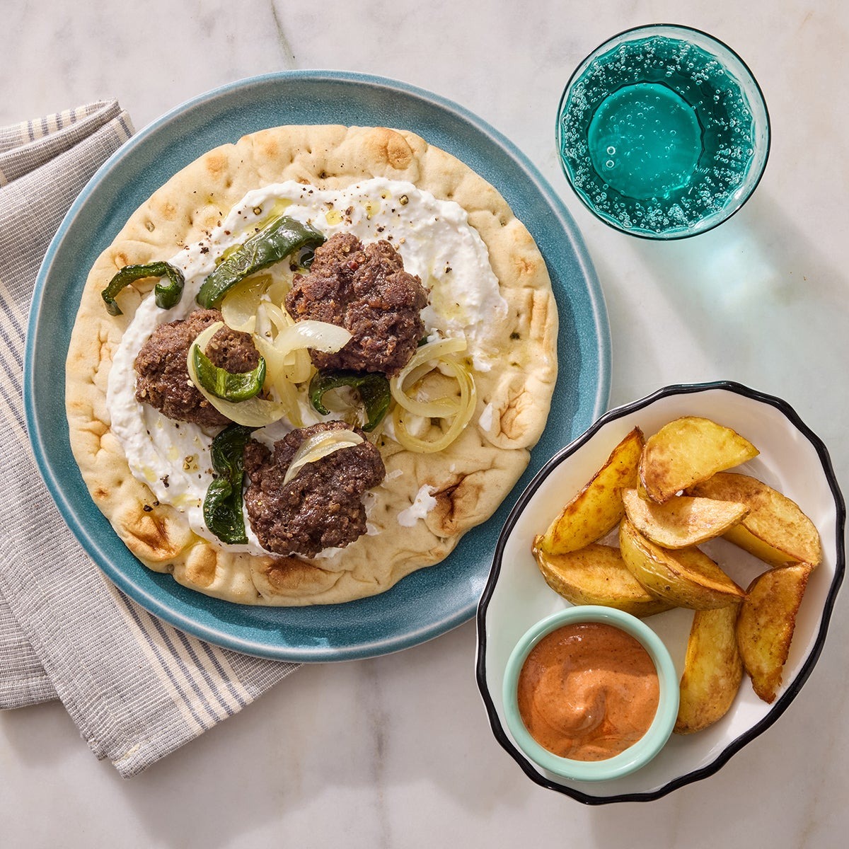 Sheet Pan Za'atar Meatball Pitas with Potato Wedges & Harissa Mayo ...