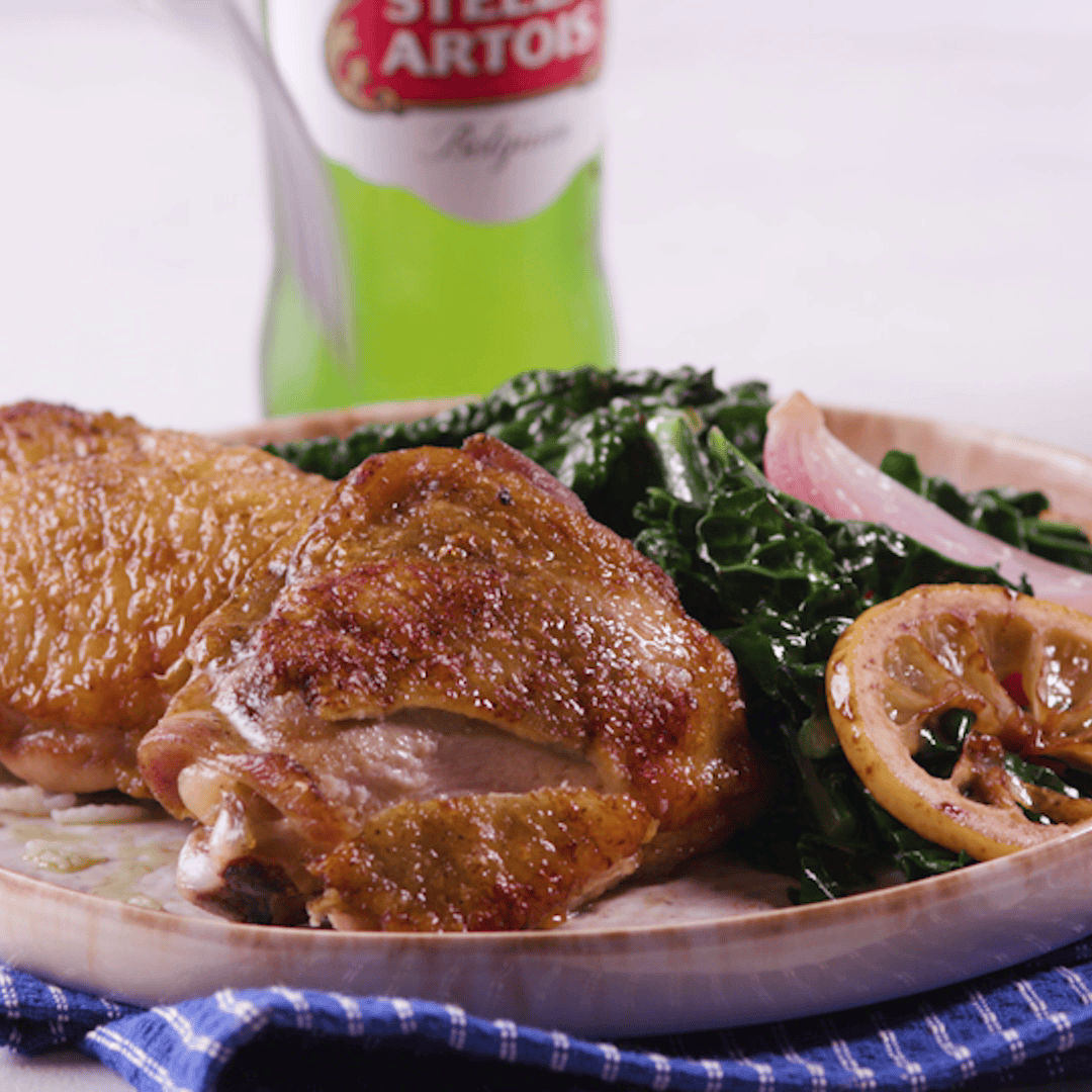 Pan Roasted Matcha Chicken With Lemon and Greens | Tastemade