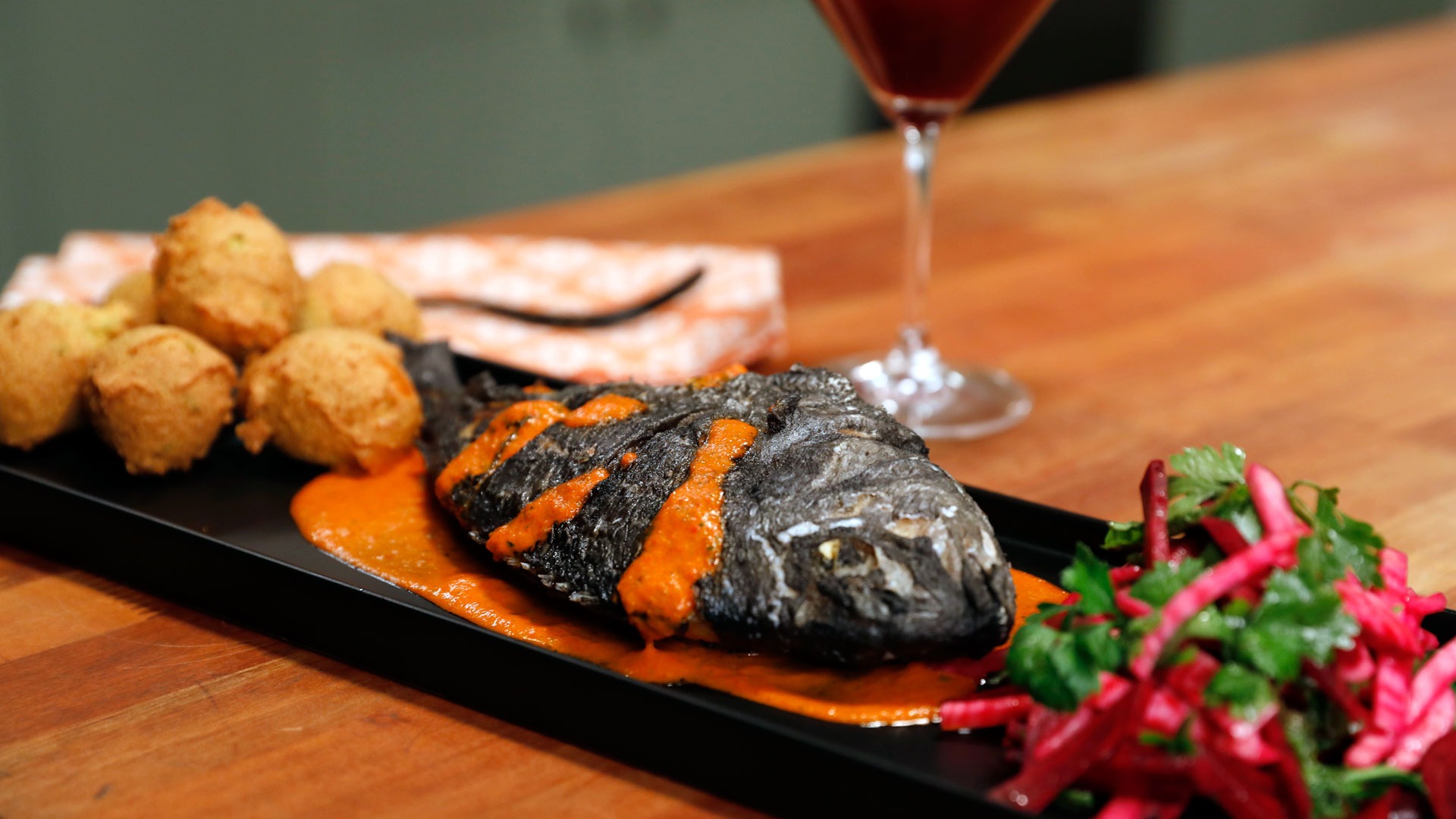 Whole Fried Black Fish with Piquillo Pepper Sauce & Raw Beet Salad ...