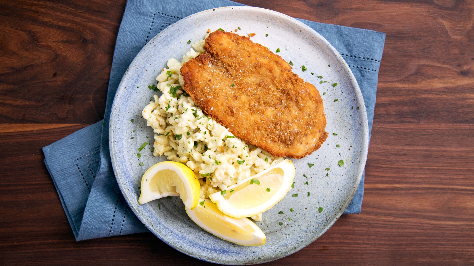 Brown Buttered Cheesy Spaetzle With Pretzel Crumb Coated Chicken ...