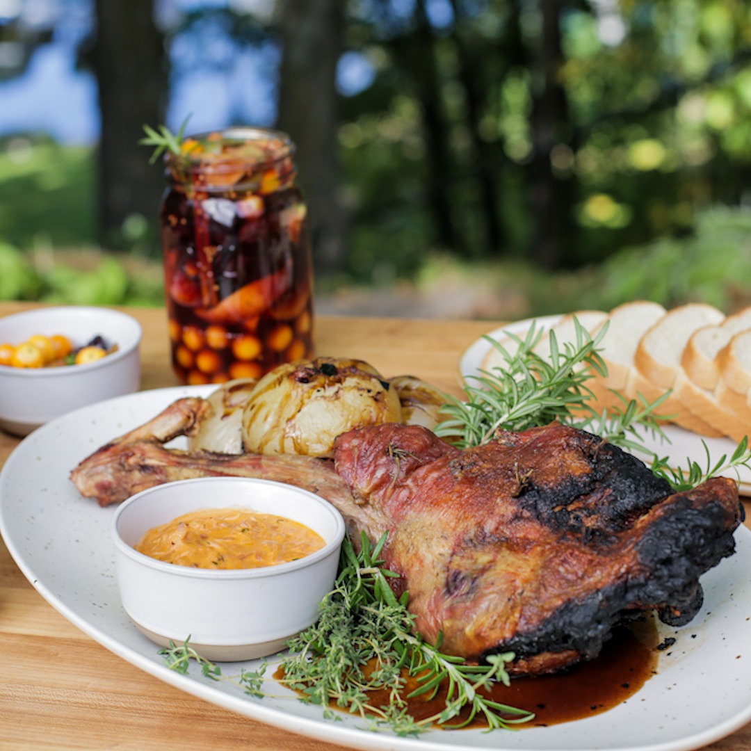 Roasted Boar Leg with Glazed Onions, Pickled Fruit and Mustard Sauce ...